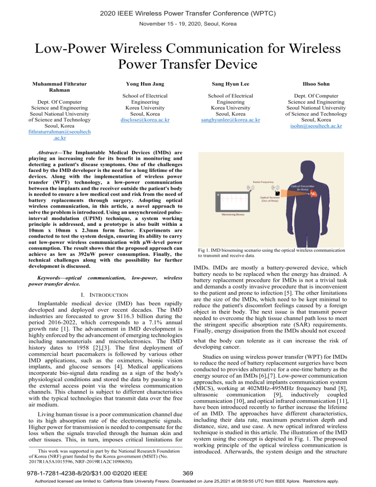 Low-Power Wireless Communication for IMDs via WPT