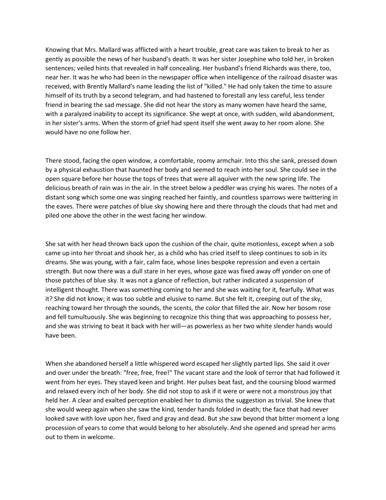 Literary Analysis: The Story of an Hour by Kate Chopin