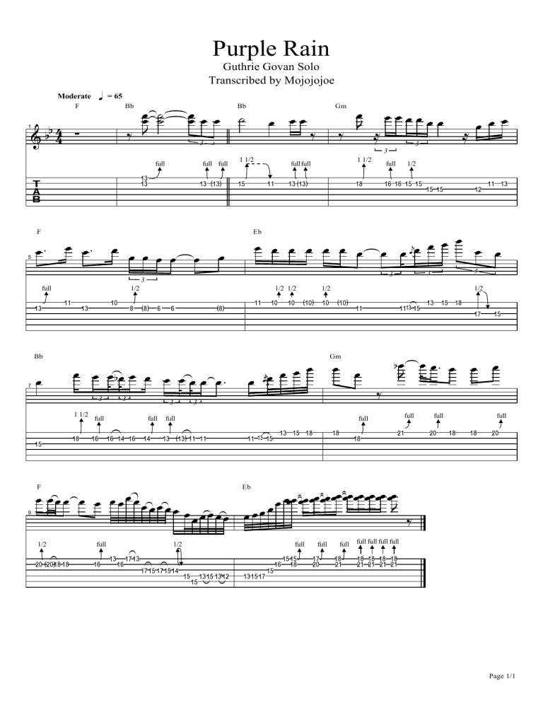 Purple Rain - Guthrie Govan Guitar Solo Tab