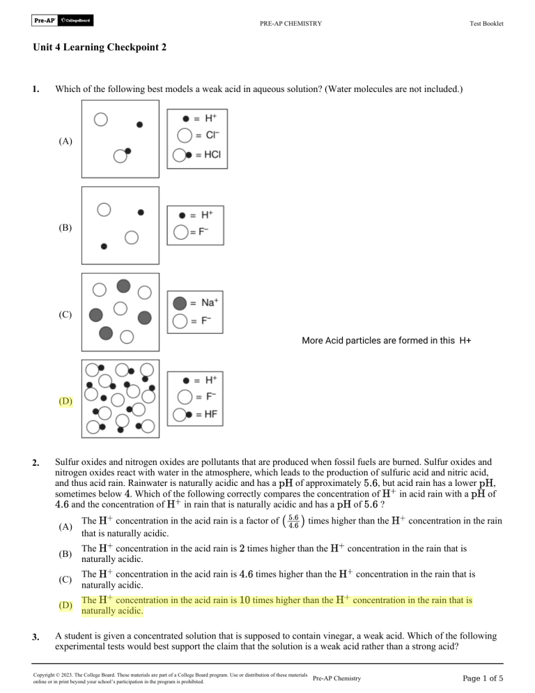 Pre-AP Chemistry Unit 4 Learning Checkpoint 2 Test