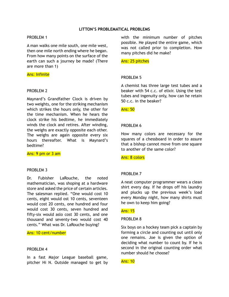Litton's Problematical Problems: Math & Logic Challenges