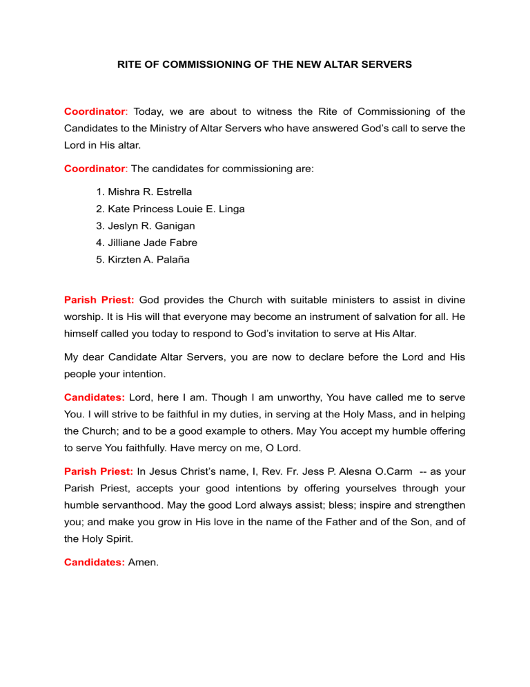 Rite of Commissioning for Altar Servers - Sagrada Familia Parish