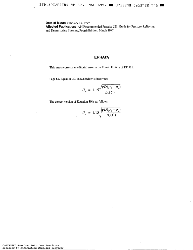 API RP 521 Errata: Equation 30 Correction