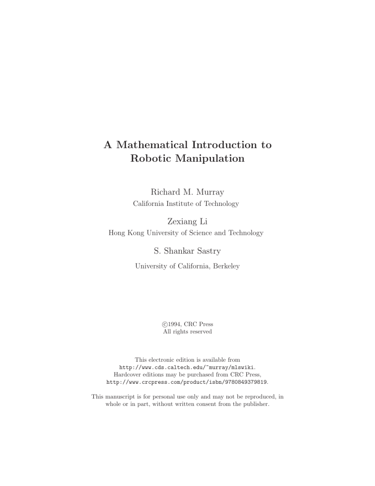 Robotic Manipulation: A Mathematical Introduction