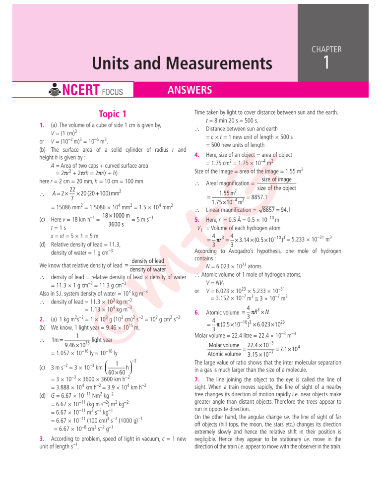 Units & Measurements Answer Key - Physics Class 11