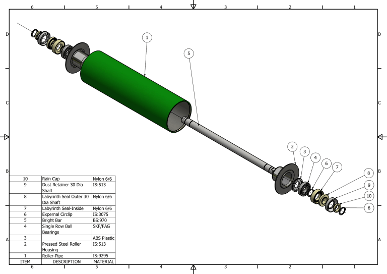 Roller Assembly Technical Drawing & Parts List