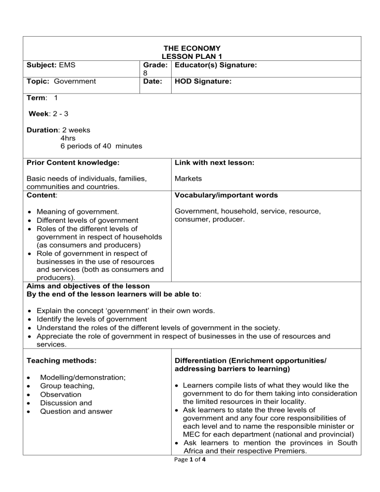 Grade 8 EMS Lesson Plan: Government & Economy