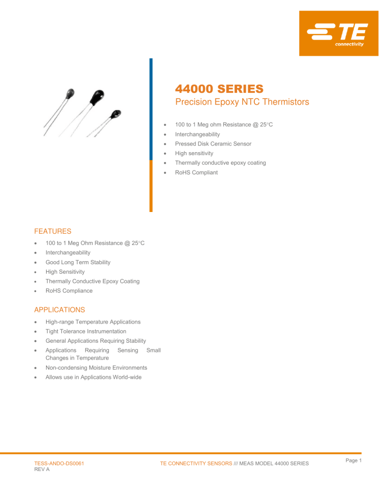 44000 Series Precision Epoxy NTC Thermistors Datasheet
