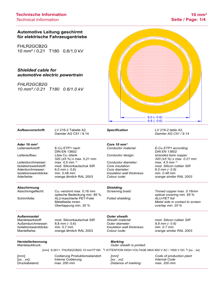 Coroflex 9-2611 Kabelspezifikationen: 10mm² geschirmtes Automobilkabel