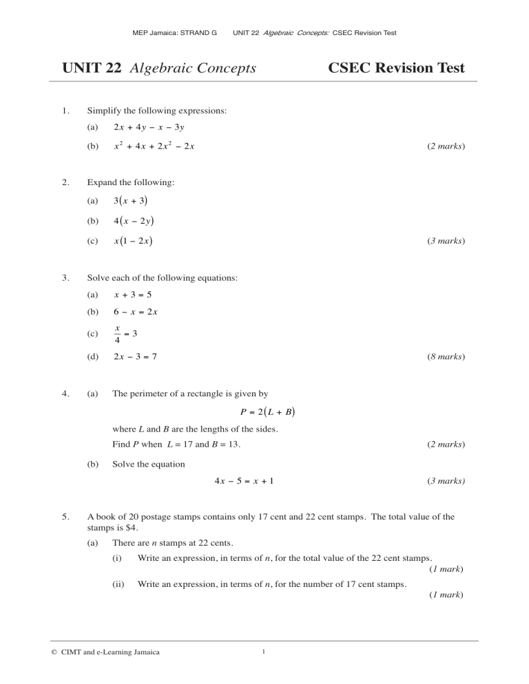 CSEC Algebra Revision Test: Practice Questions & Solutions