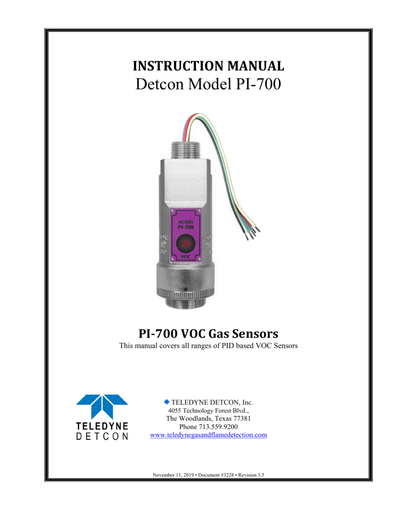 Detcon PI-700 VOC Gas Sensor Instruction Manual