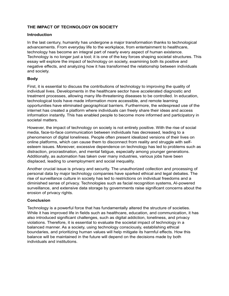Technology's Impact on Society: An Analysis