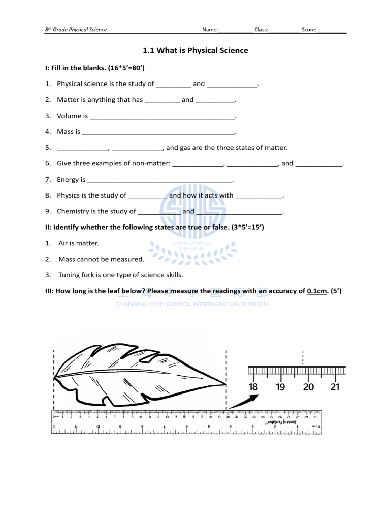 8th Grade Physical Science Worksheet: Matter & Energy
