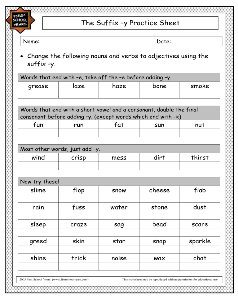 Suffix -y Practice Worksheet for Elementary School