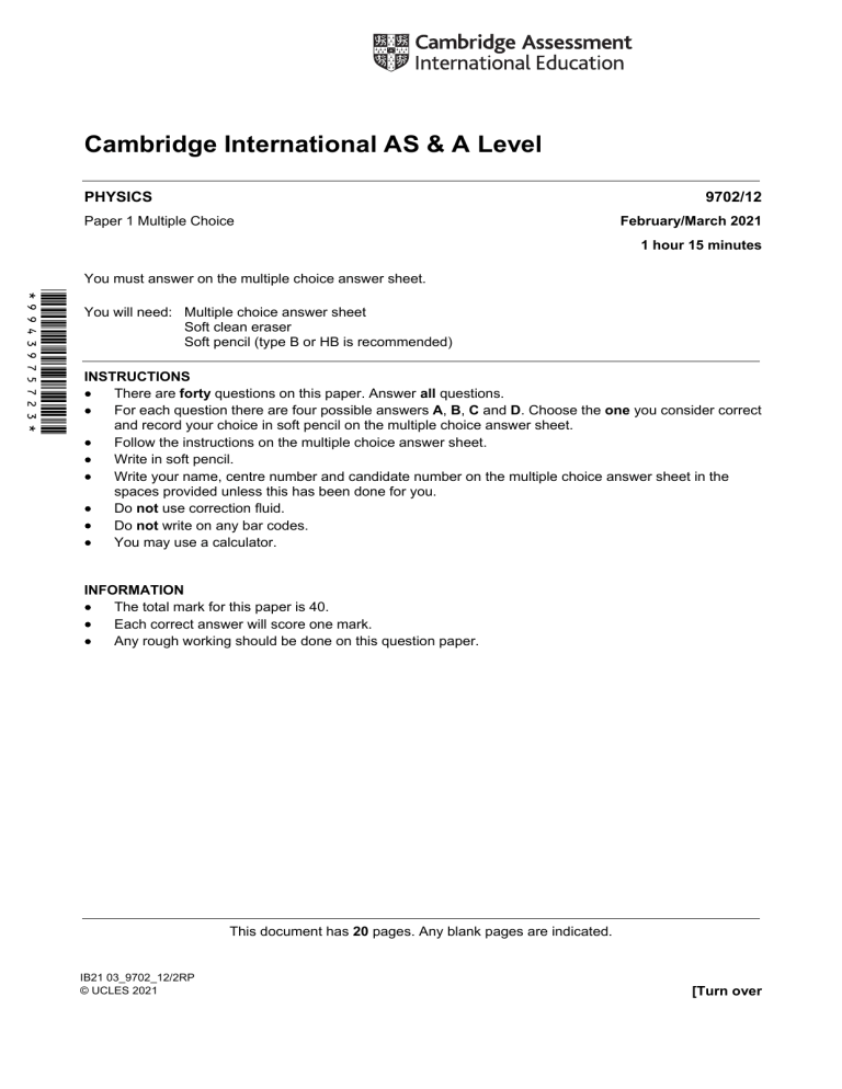 Cambridge A Level Physics: Multiple Choice Exam Paper