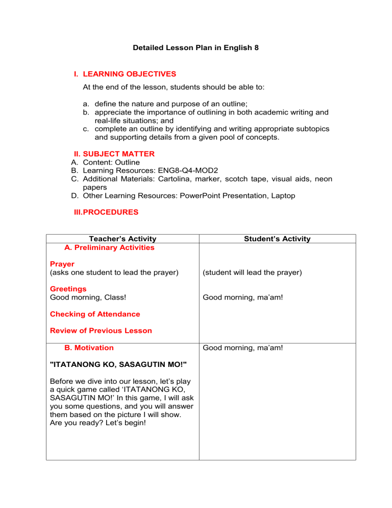 English 8 Lesson Plan: Outlining for Academic Writing