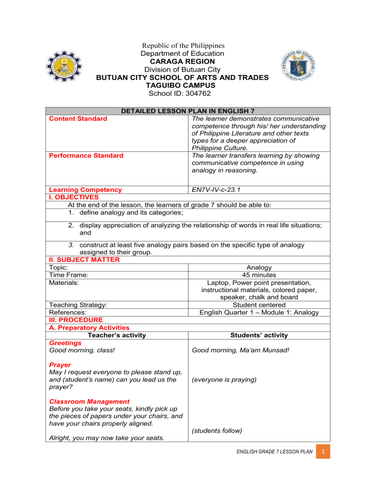 English 7 Lesson Plan: Understanding Analogies