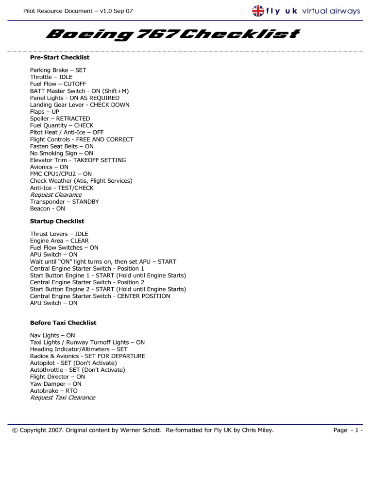 Boeing 767 Checklist: Pilot Resource Document