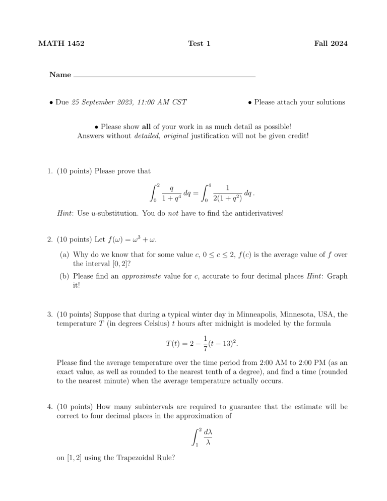MATH 1452 Test 1: Calculus Problems and Solutions