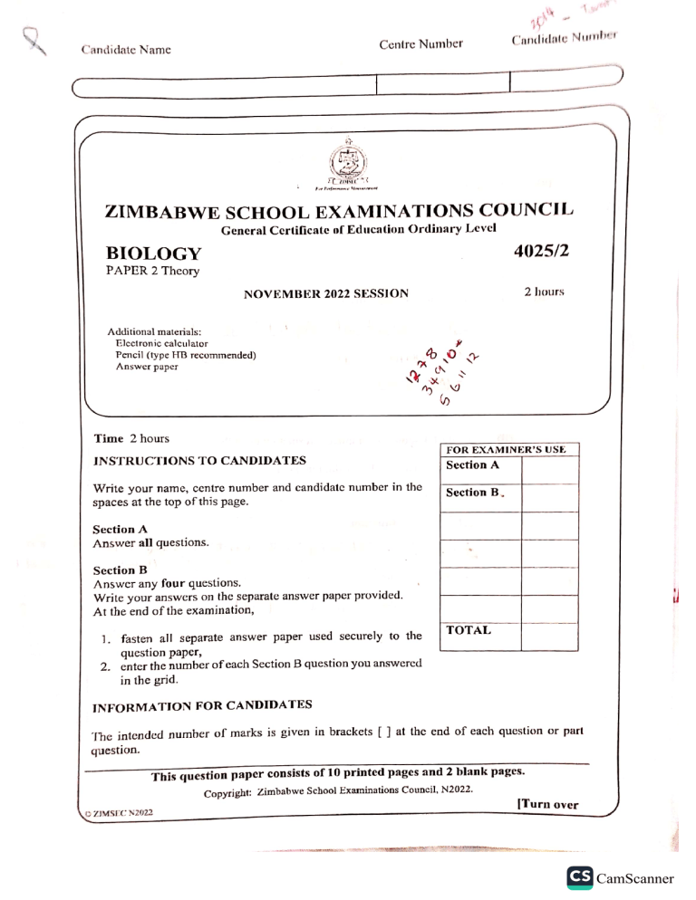 Biology Exam Paper - Zimbabwe (Ordinary Level)