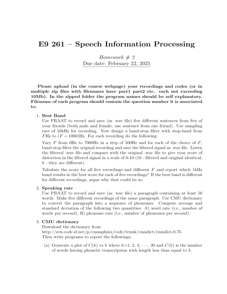Speech Processing Homework: PRAAT, CMU Dictionary