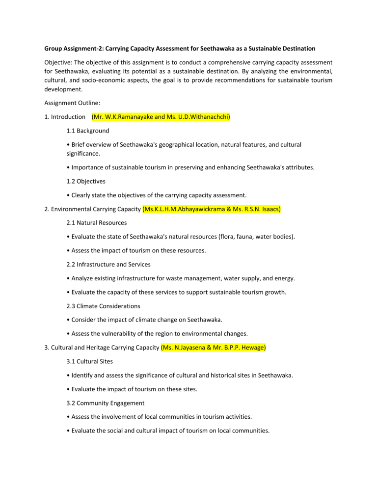 Seethawaka Sustainable Tourism: Carrying Capacity Assessment