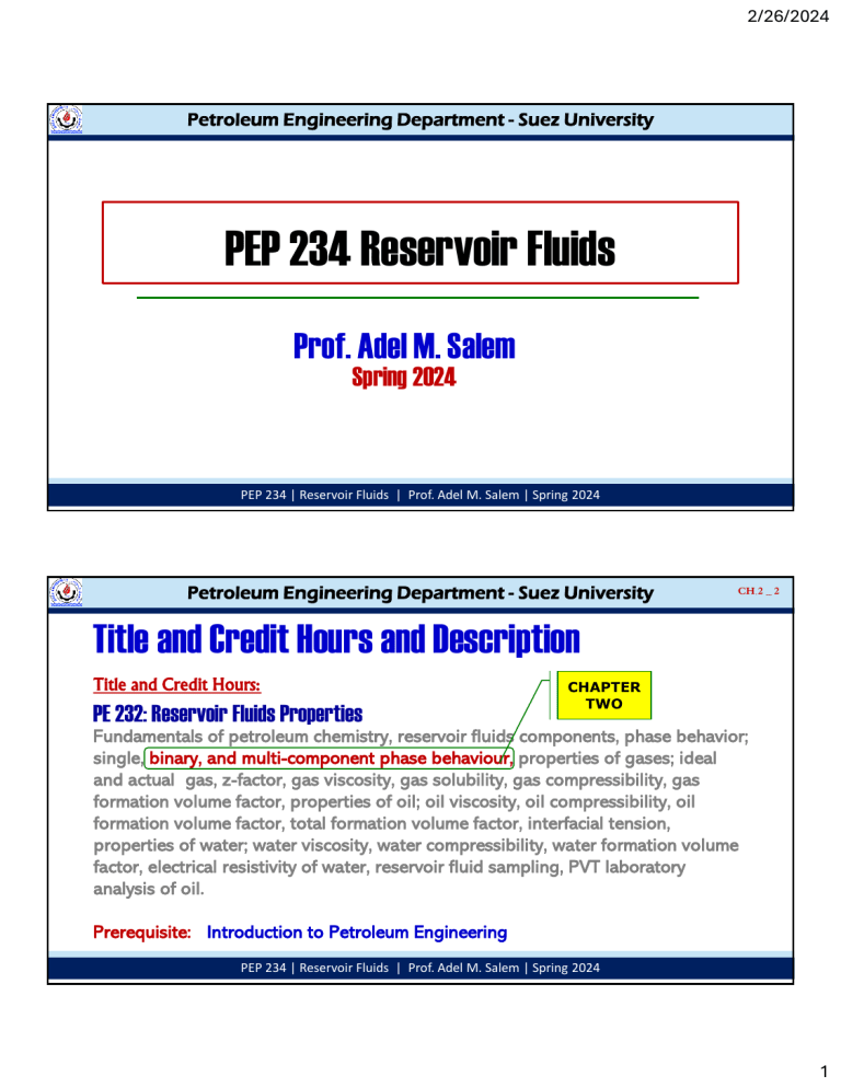Reservoir Fluids: Phase Behavior & Classification