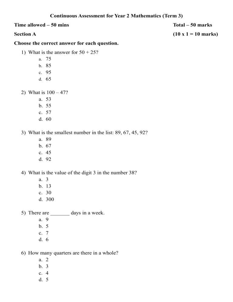 Year 2 Math Test: Addition, Subtraction, Fractions, Geometry