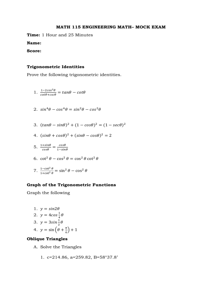 Engineering Math Mock Exam: Trigonometry & Geometry