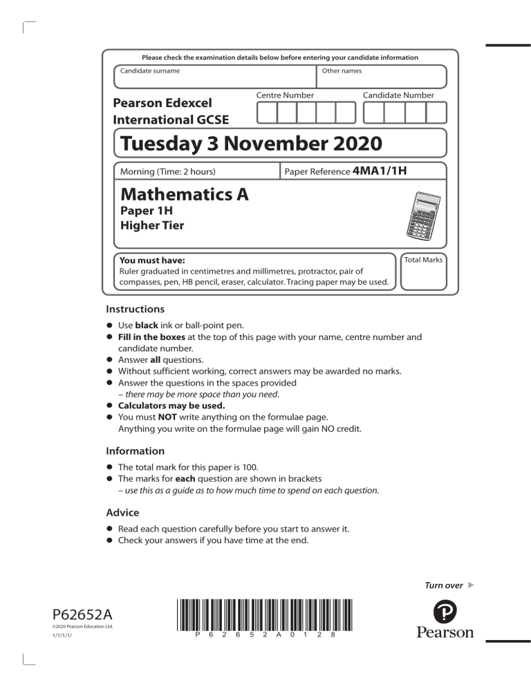 Mathematics A Paper 1H Higher Tier Exam - Edexcel GCSE