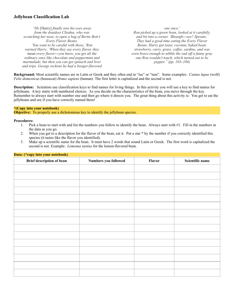 Jellybean Classification Lab Activity
