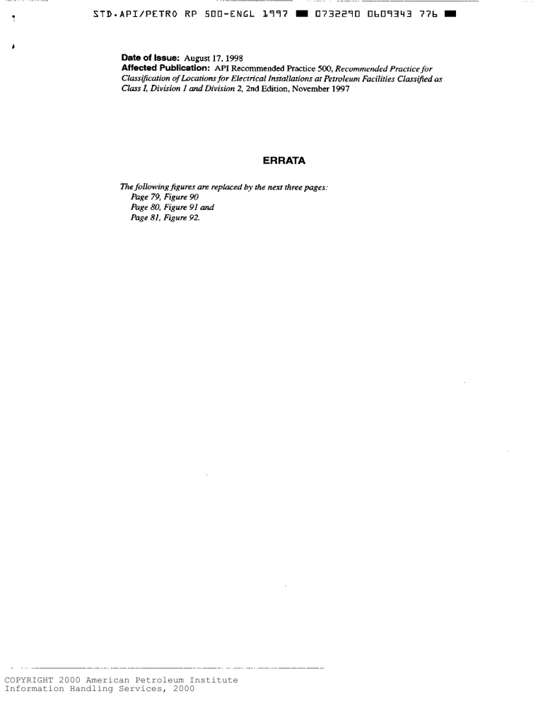 API RP 500 Errata: Electrical Installations in Petroleum Facilities