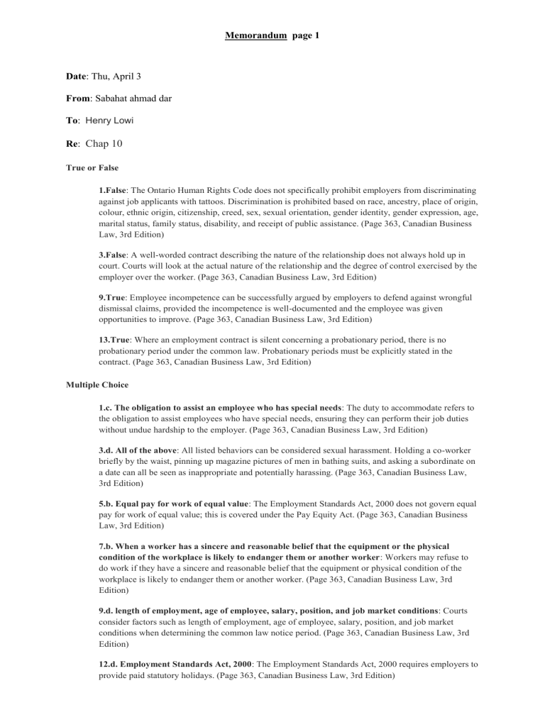 Canadian Business Law: Chapter 10 Q&A