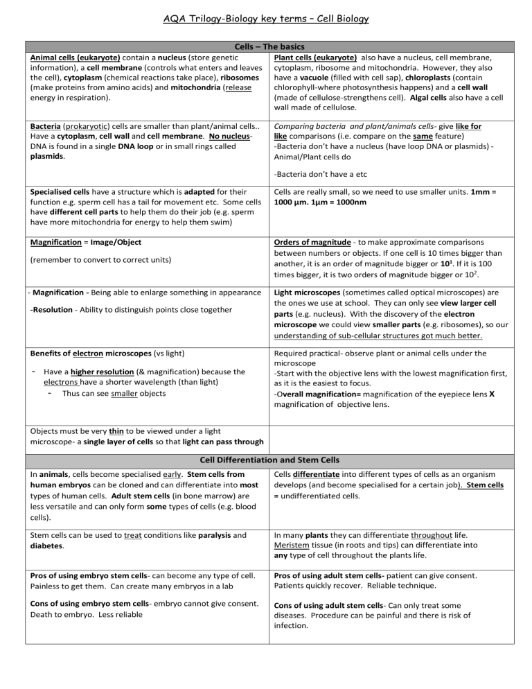 AQA Biology: Cell Biology Key Terms - Trilogy