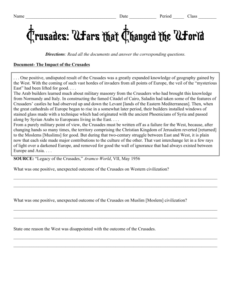 Crusades: Impact & Effects Worksheet | High School History