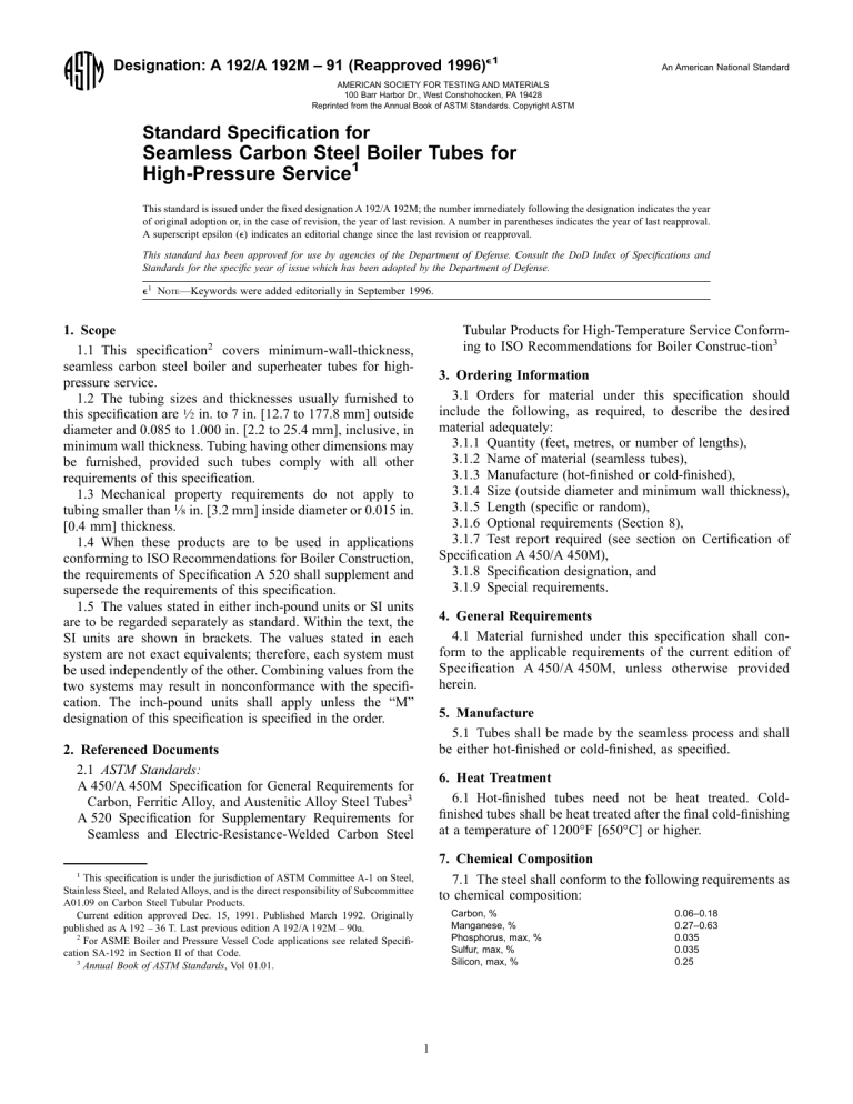 ASTM A192 Seamless Carbon Steel Boiler Tube Specification