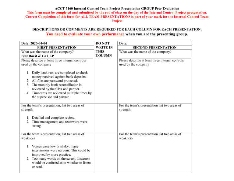 Internal Control Team Project Peer Evaluation Form