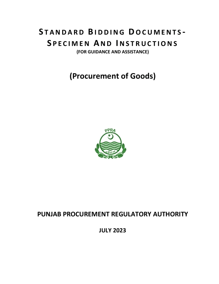 Punjab Procurement: Standard Bidding Document (Goods) - July 2023