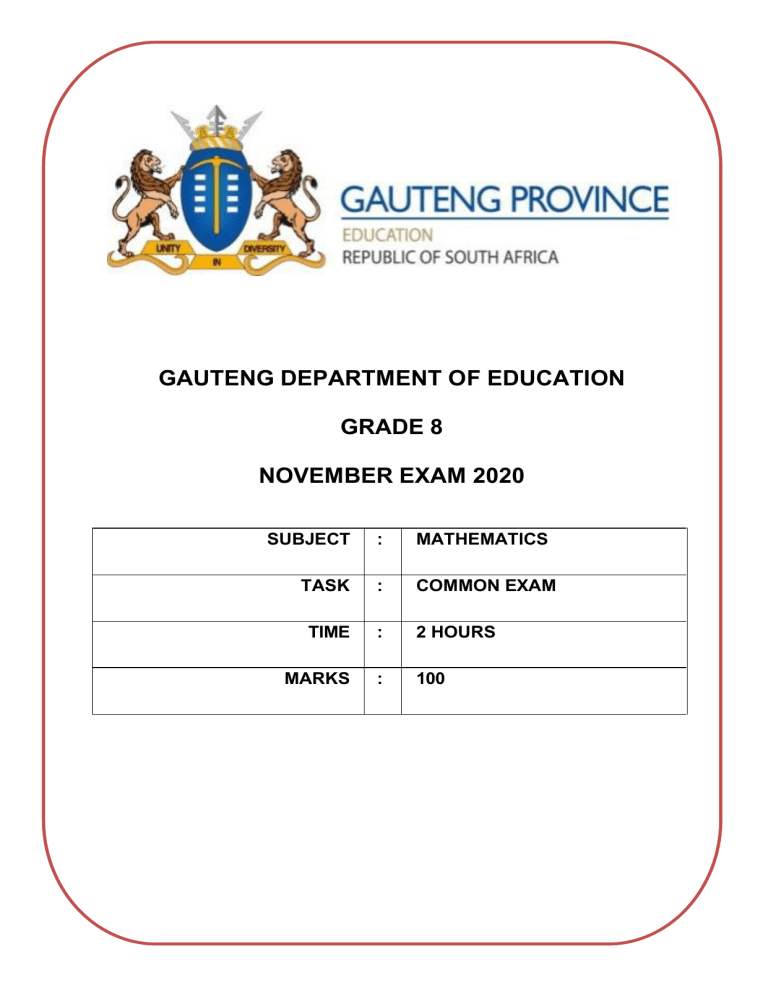 Grade 8 Mathematics Exam Paper - Gauteng 2020