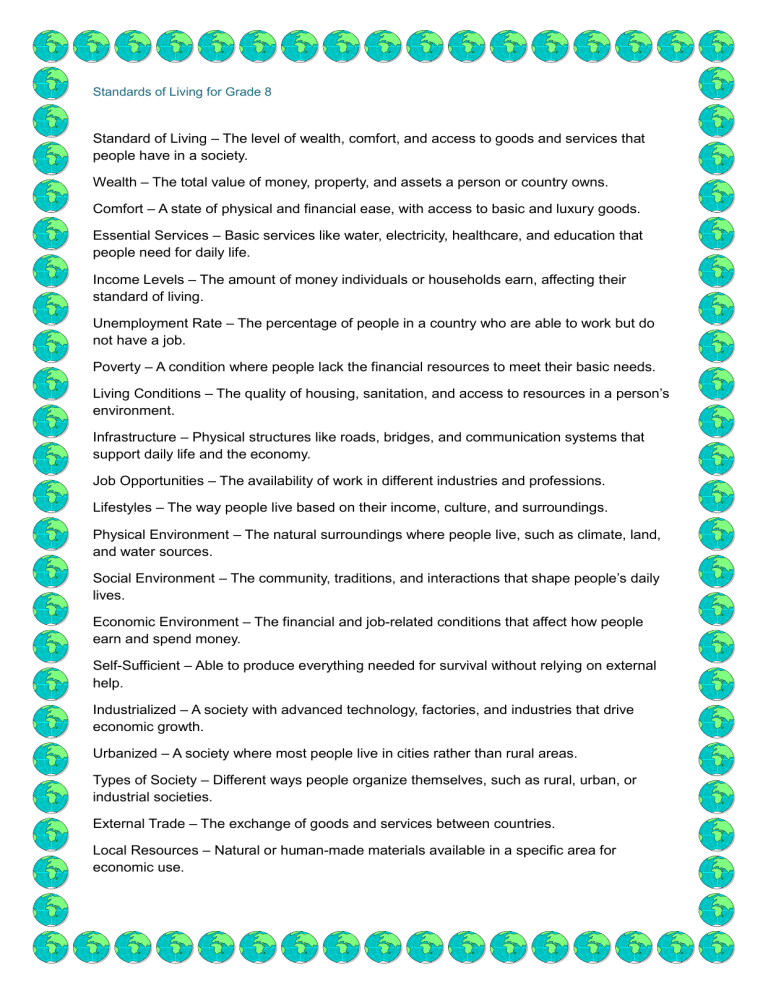 Standards of Living: Grade 8 - Definitions & Concepts