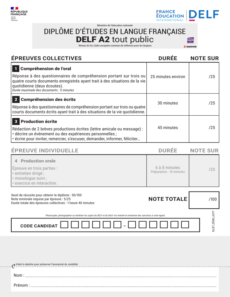 Exemple de Sujet DELF A2 | Test de Français