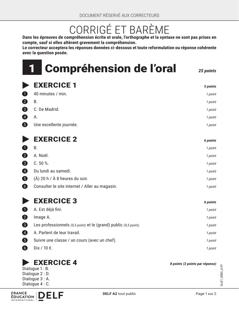 Corrigé d'examen DELF A2 : Compréhension orale et écrite