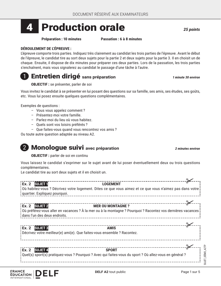DELF A2 Examen Oral : Préparation à l'épreuve d'expression