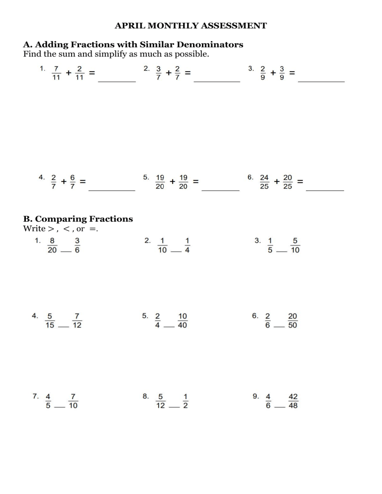 Fractions Worksheet: Adding & Comparing Fractions