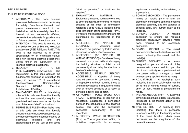 Philippine Electrical Code Reviewer: Key Definitions & Rules