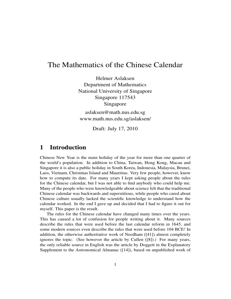 Mathematics of the Chinese Calendar: A Deep Dive