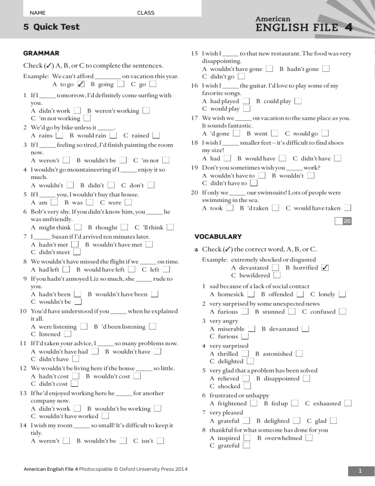American English File 4 Quick Test: Grammar, Vocab, Pronunciation