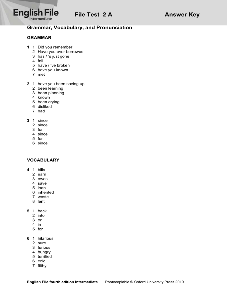 English File Intermediate Test 2A Answer Key