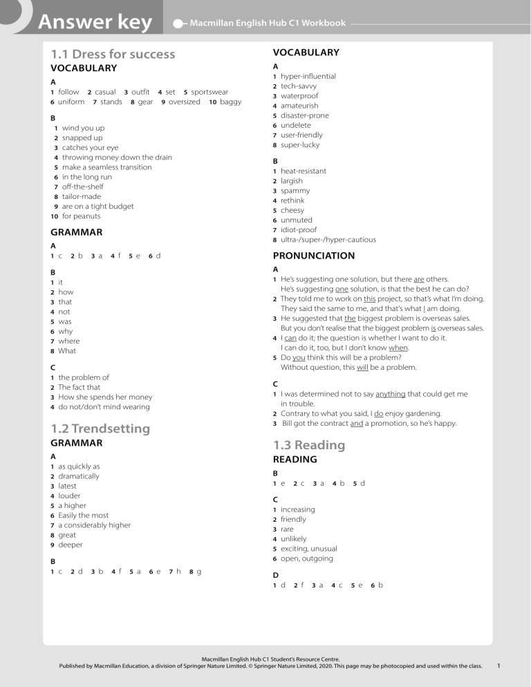 Macmillan English Hub C1 Workbook Answer Key