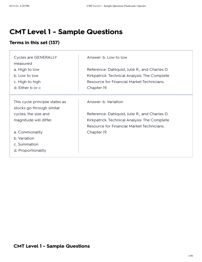 CMT Level 1 Sample Questions Flashcards